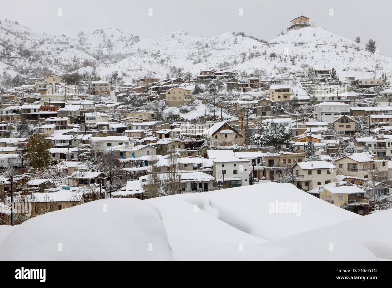 A view of the snowy Palaichori village after three days of heavy ...