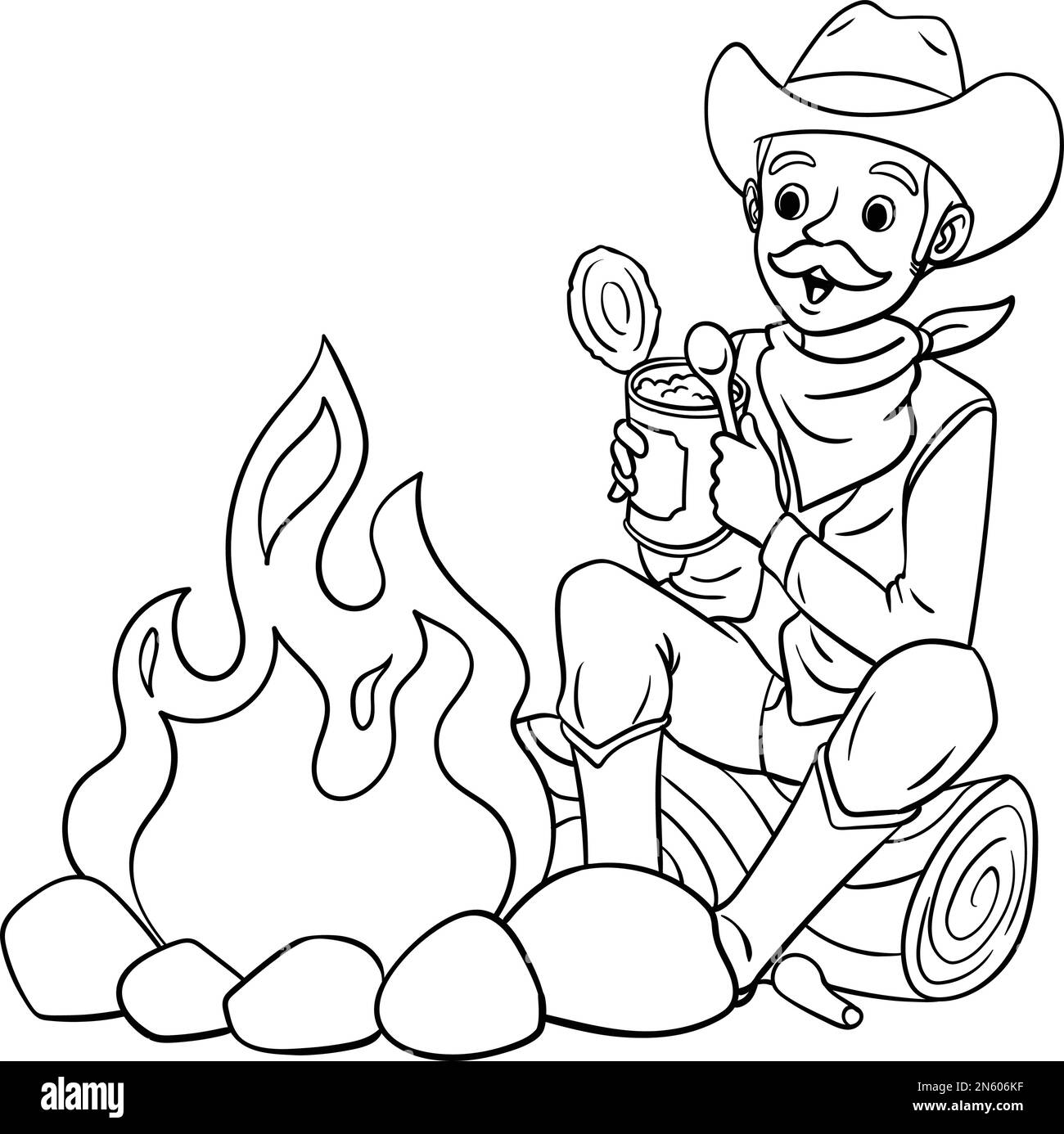 Cowboy Campfire Isolated Coloring Page for Kids Stock Vector Image ...