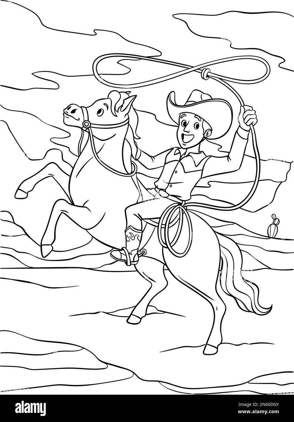 Cowboy Throwing a Lasso on a Horse Coloring Page Stock Vector Image ...