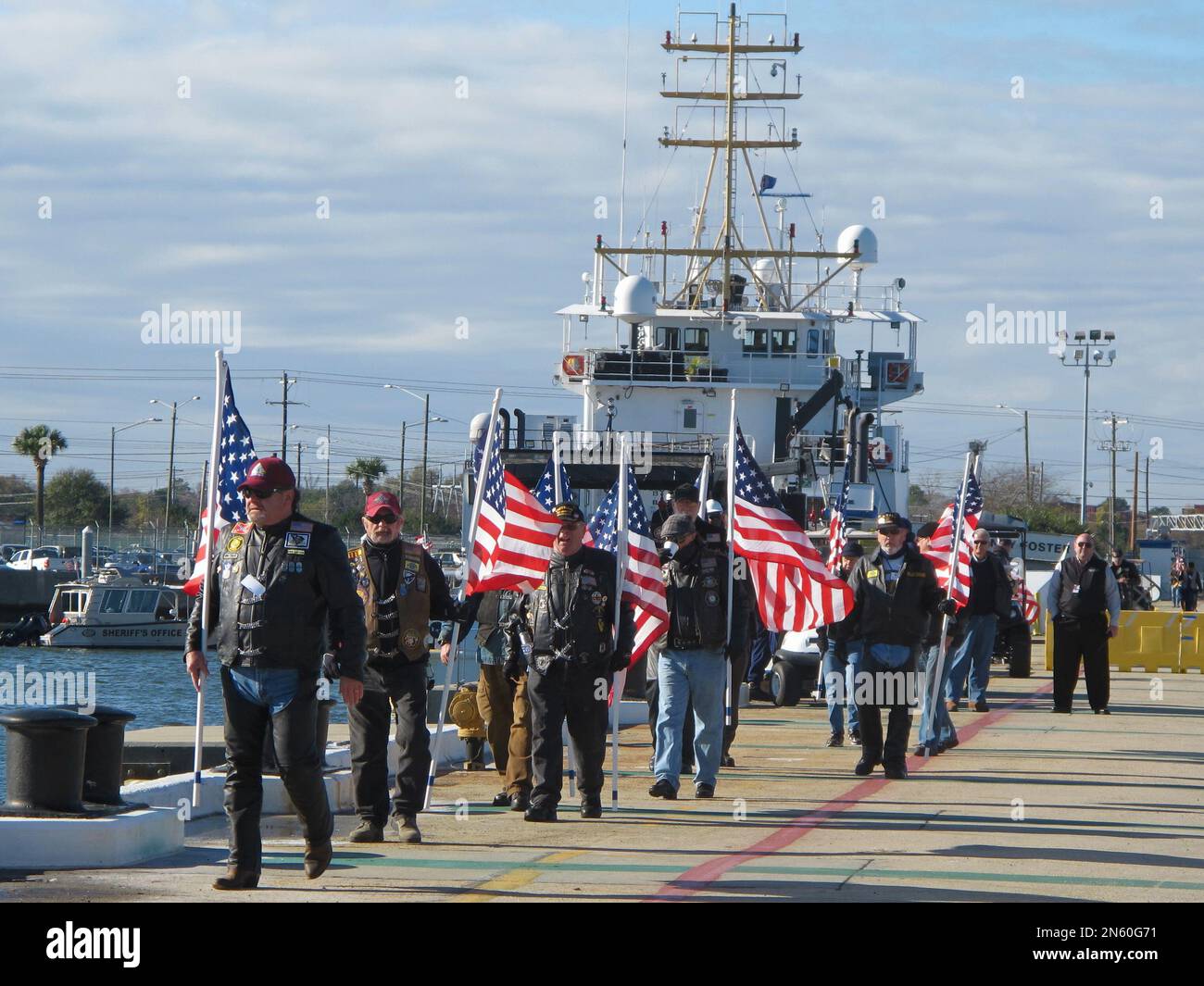 Members of the Patriot Guard arrive at a pier in North Charleston, S.C ...