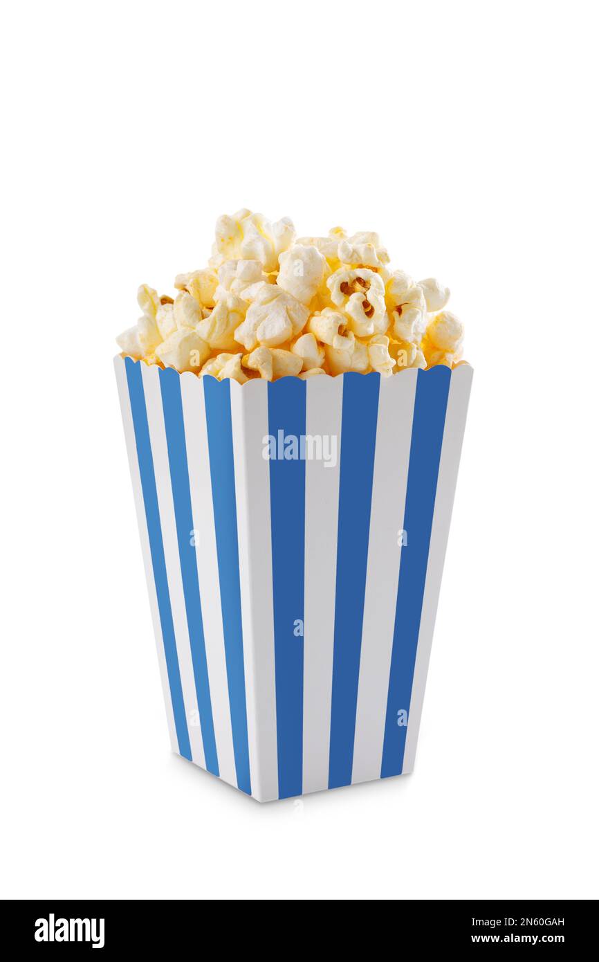 Blue white striped carton bucket with tasty cheese popcorn, isolated on ...