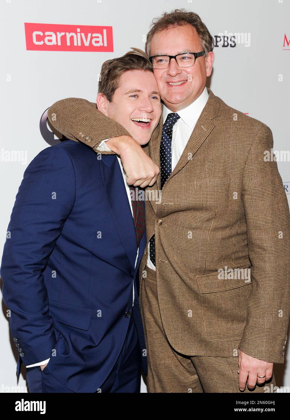 Actors Allen Leech, left, and Hugh Bonneville attend the "Downton Abbey ...