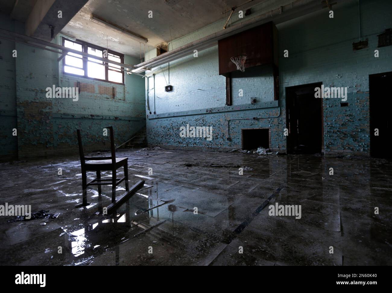 In a photo from May 16, 2013 at Crosman School in Detroit, water pools ...