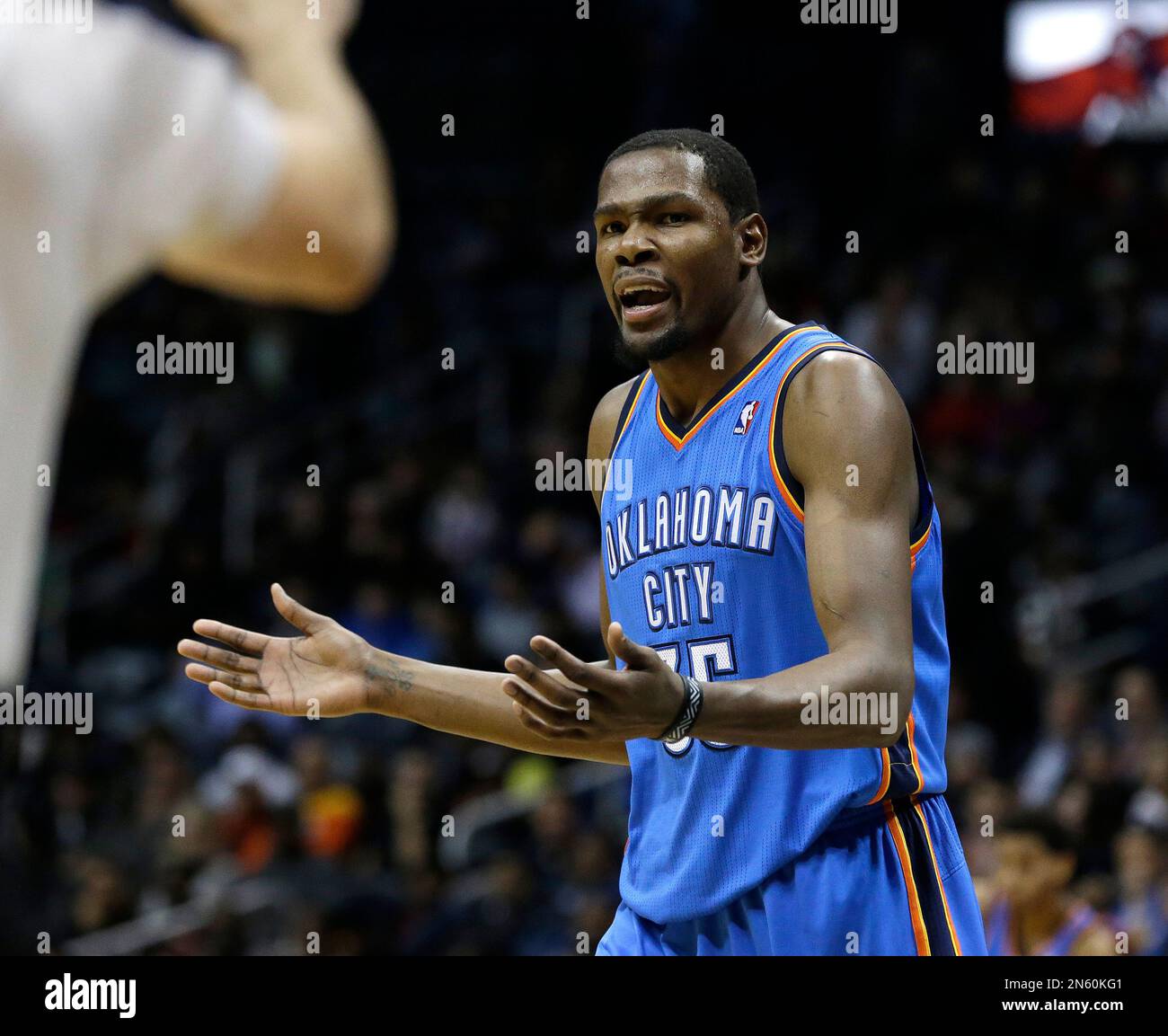 Oklahoma City Thunder small forward Kevin Durant (35) argues a call in ...