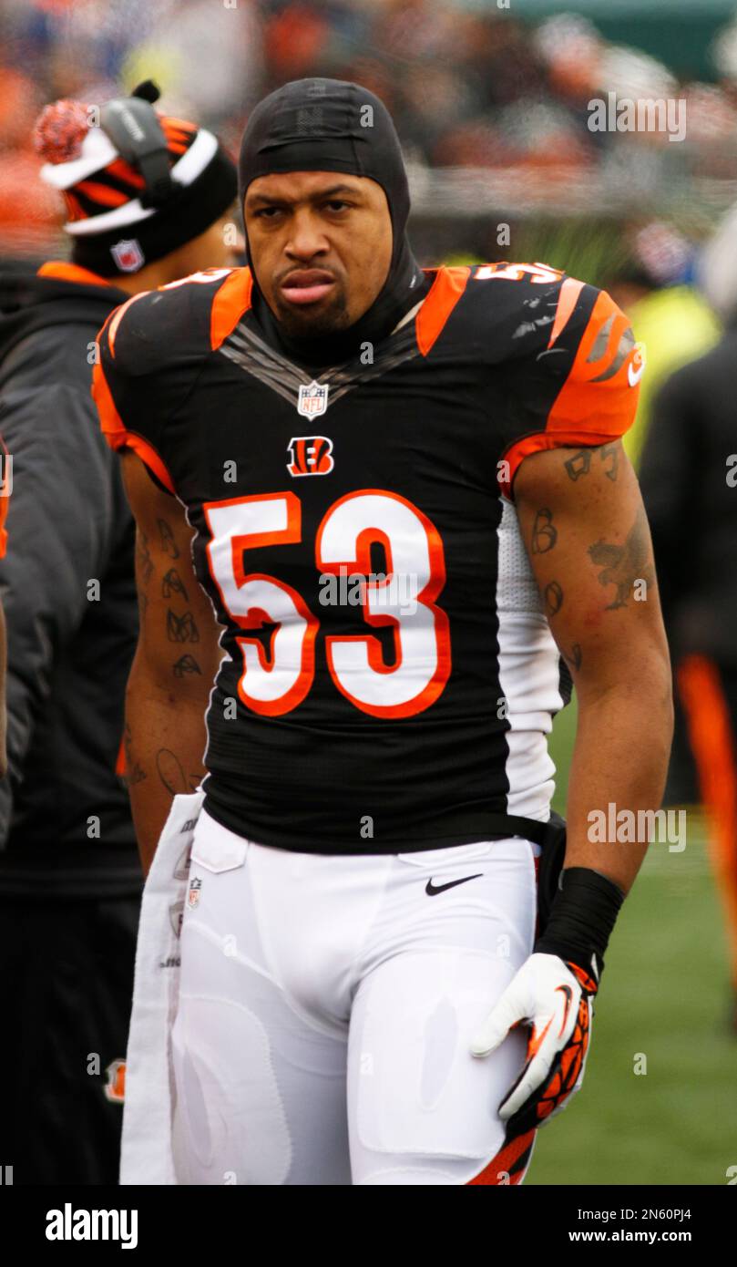 Cincinnati Bengals linebacker Michael Boley watches from the sidelines ...