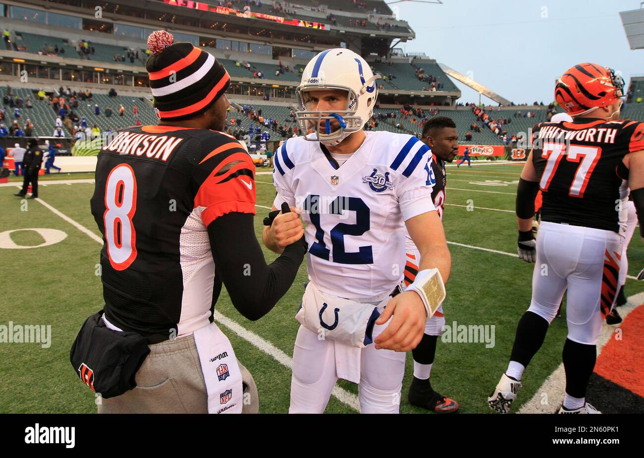 Cincinnati Bengals quarterback Josh Johnson (8) meets with Indianapolis ...