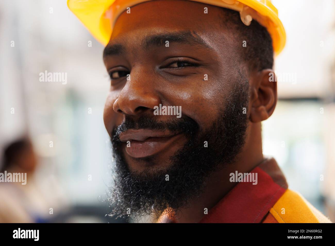 Smiling african american warehouse package handler face portrait ...