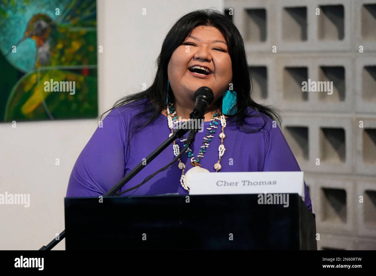 Cher Thomas speaks during a news conference by Native American advocacy ...