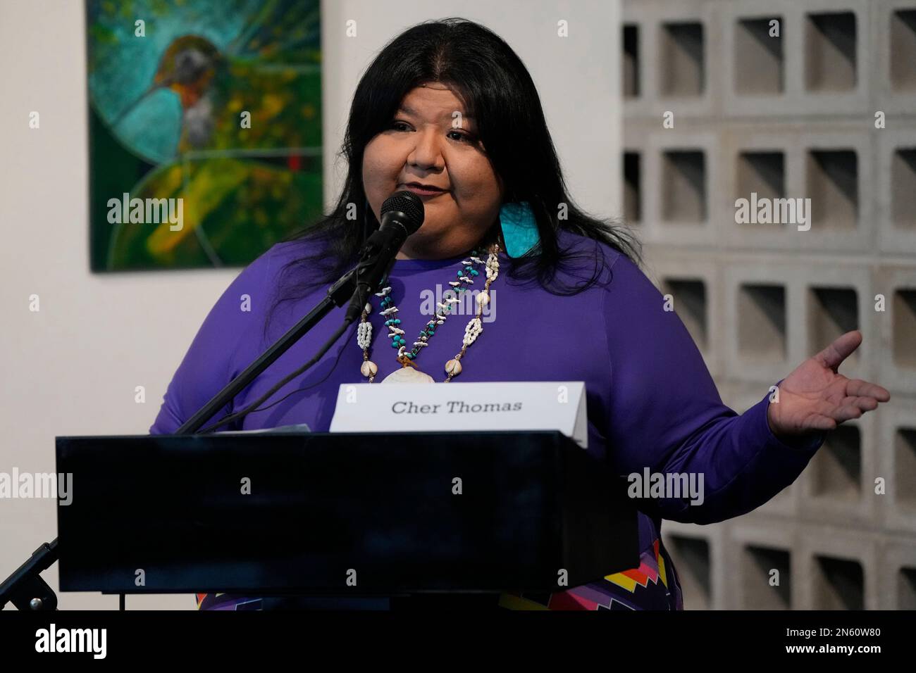 Cher Thomas speaks during a news conference by Native American advocacy ...