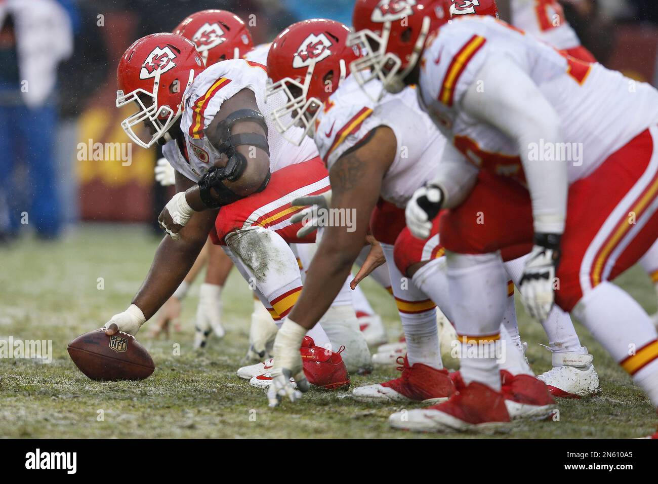 The Kansas City Chiefs line up on the line oc scrimmage during the ...