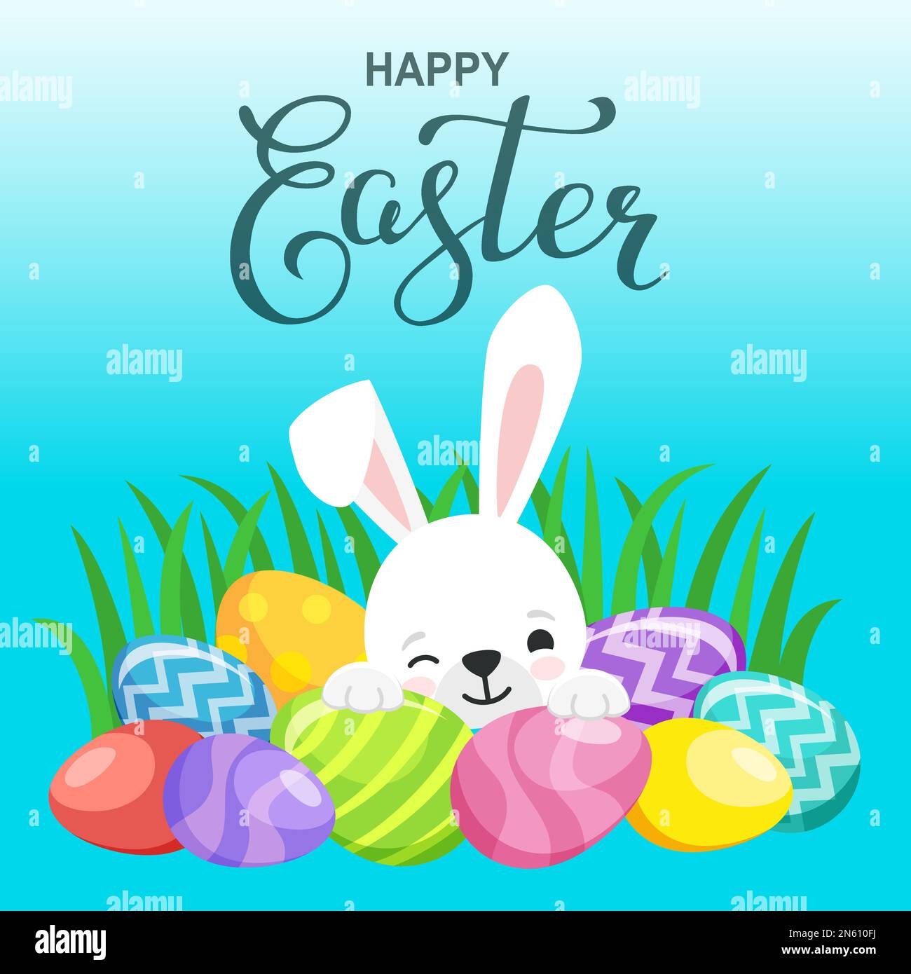 Card with calligraphy text Happy Easter and cute bunny looks out of the ...