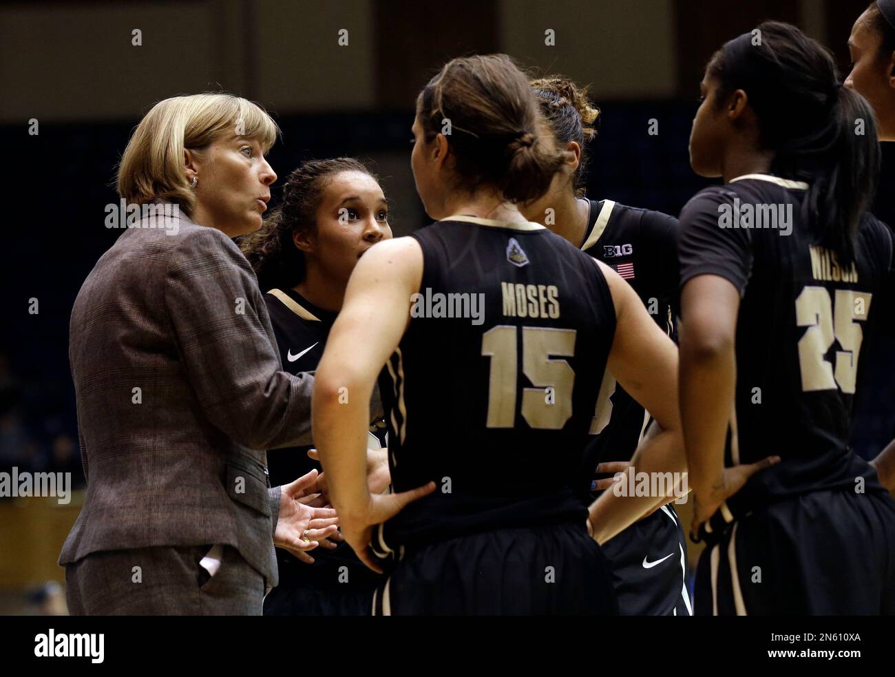 Purdue coach Sharon Versyp huddles with her team against Duke during ...
