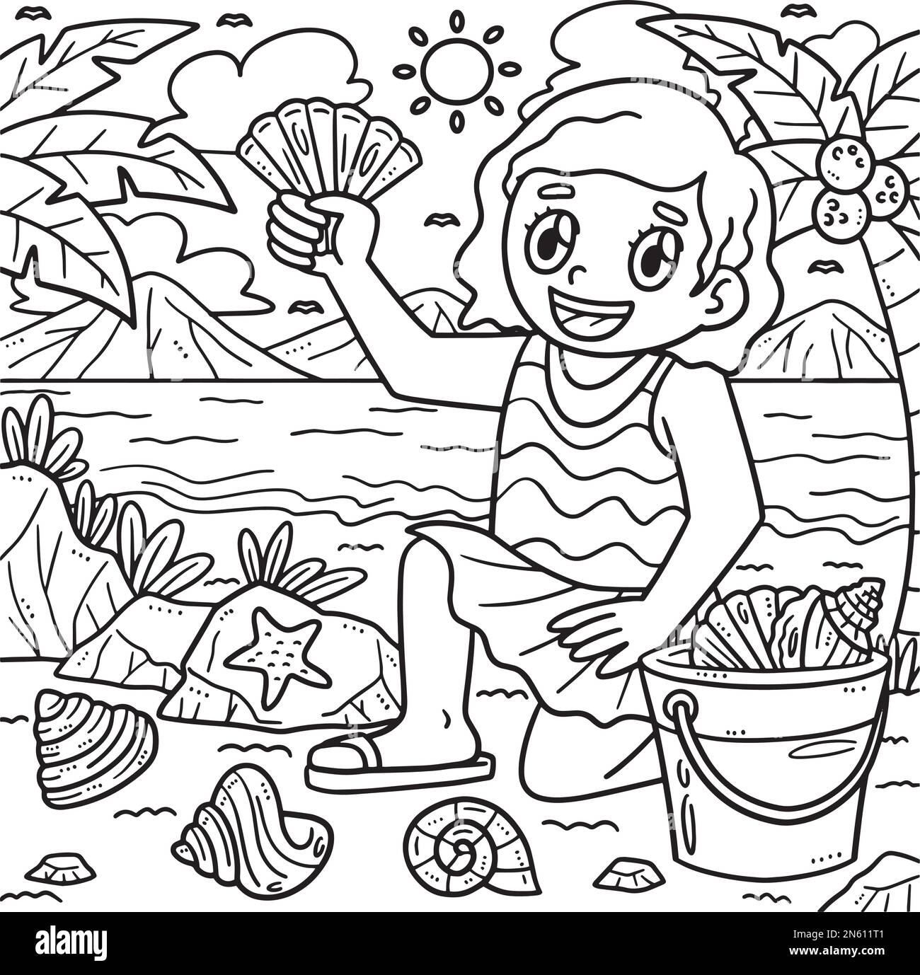Summer Child Collecting Sea Shells Coloring Page Stock Vector Image ...