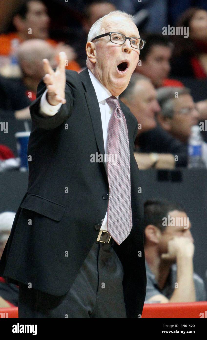 San Diego State head coach Steve Fisher calls out to his team during ...