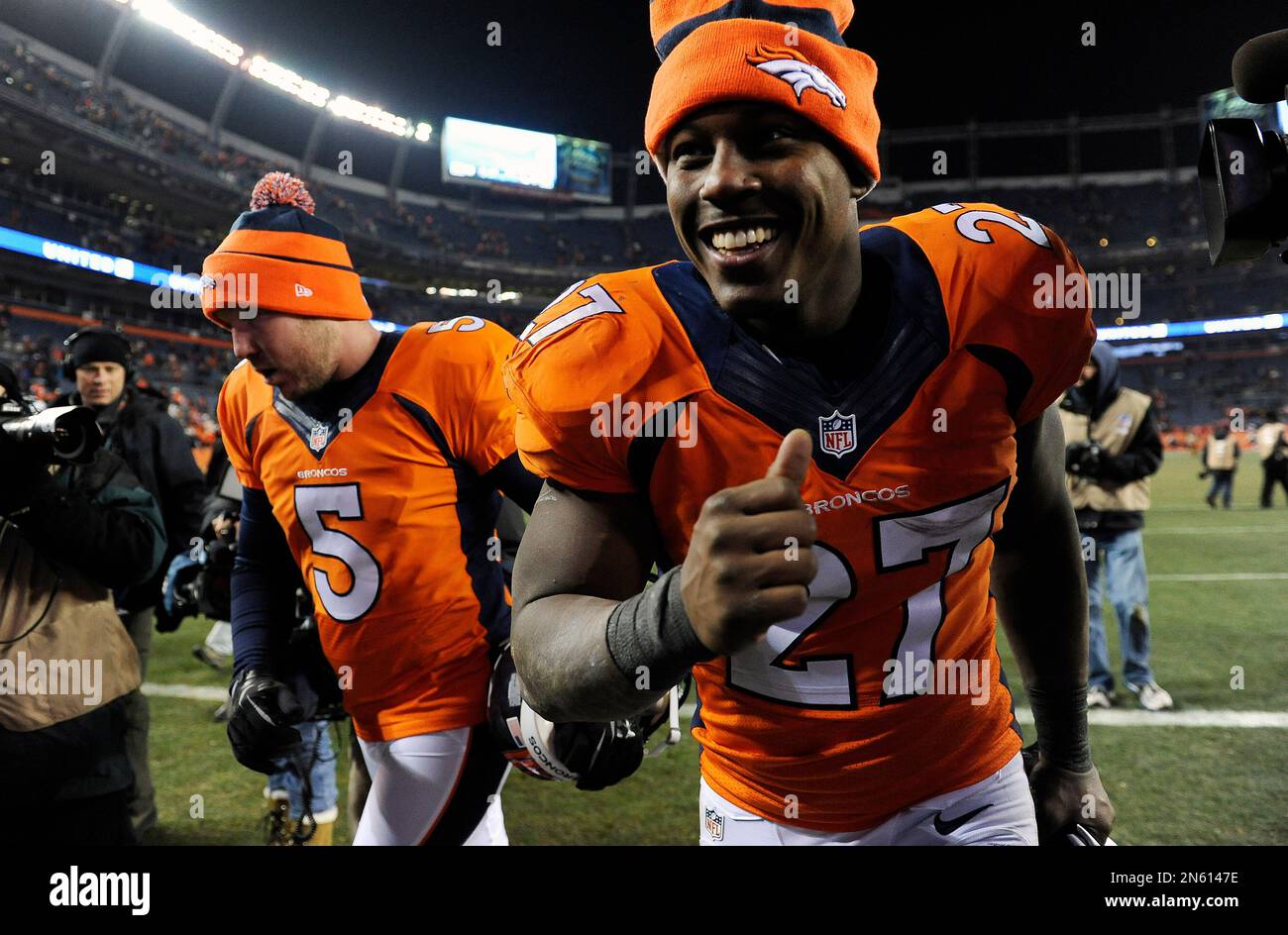 Denver Broncos running back Knowshon Moreno, right, and kicker Matt ...