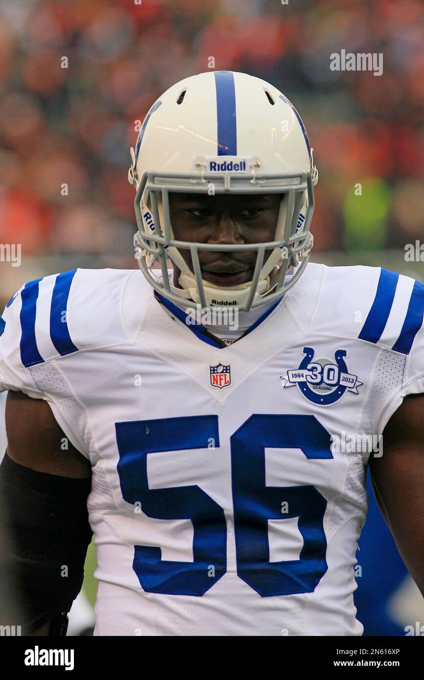 Indianapolis Colts linebacker Daniel Adongo stands on the sidelines in ...