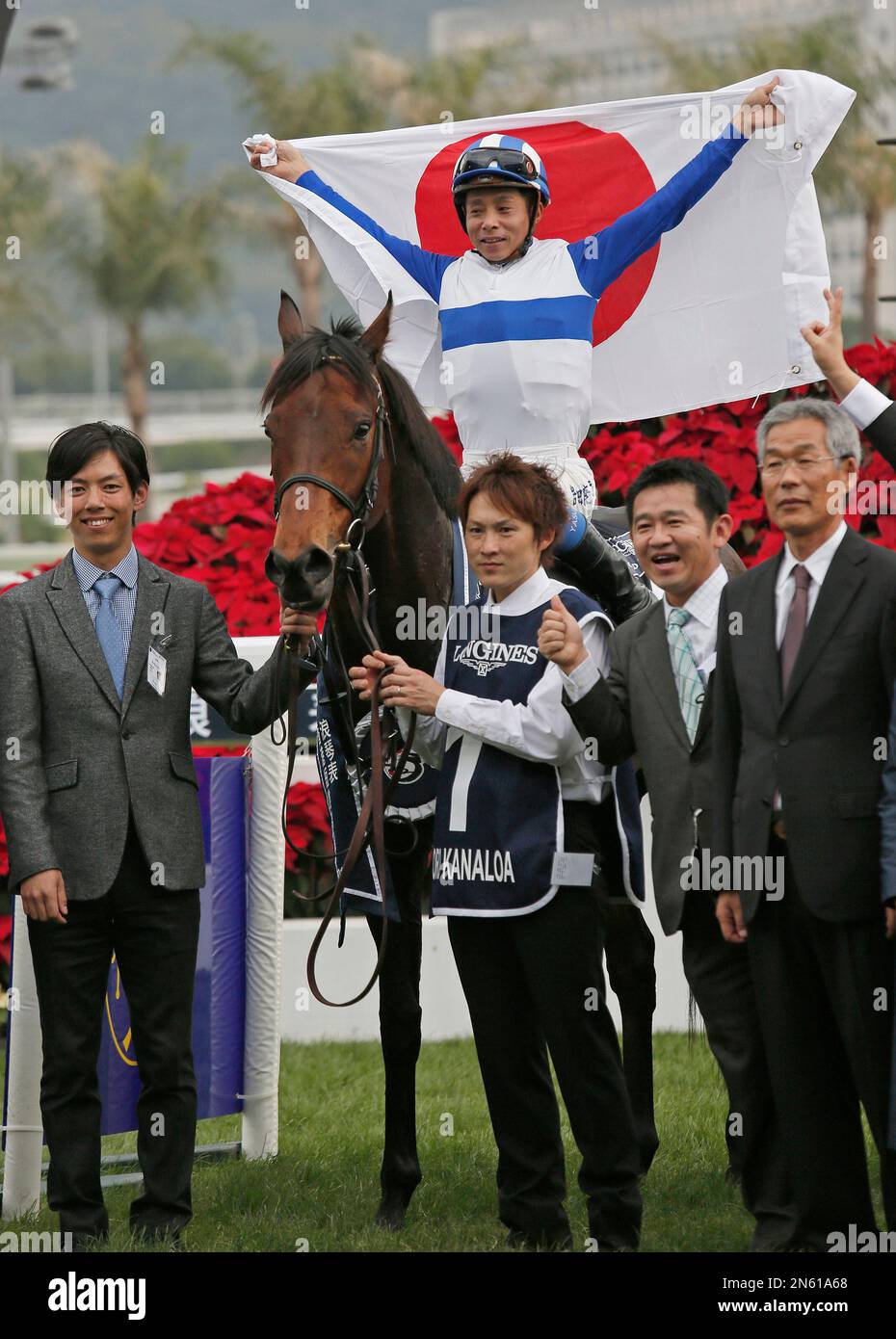 Japanese jockey Yasunari Iwata celebrates after riding Japanese horse ...
