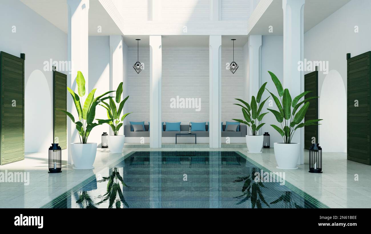 Modern luxury riad living room garden and swimming pool in courtyard ...