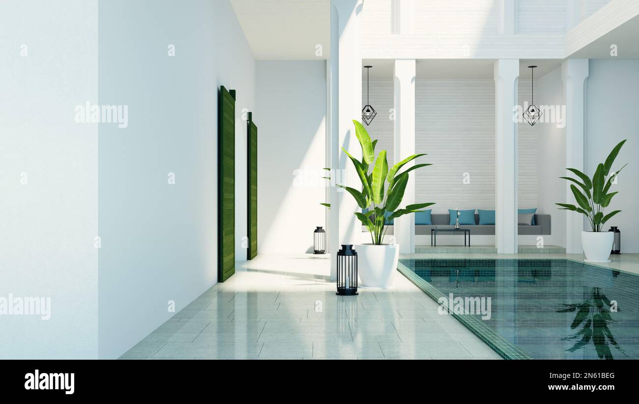 Modern luxury riad living room garden and swimming pool in courtyard ...