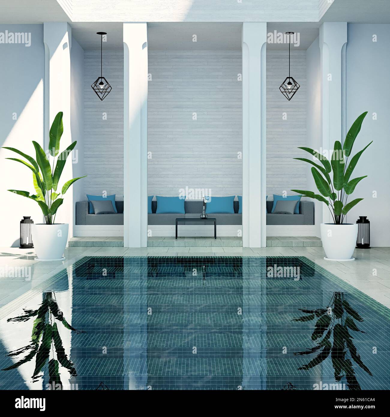 Modern luxury riad living room garden and swimming pool in courtyard ...