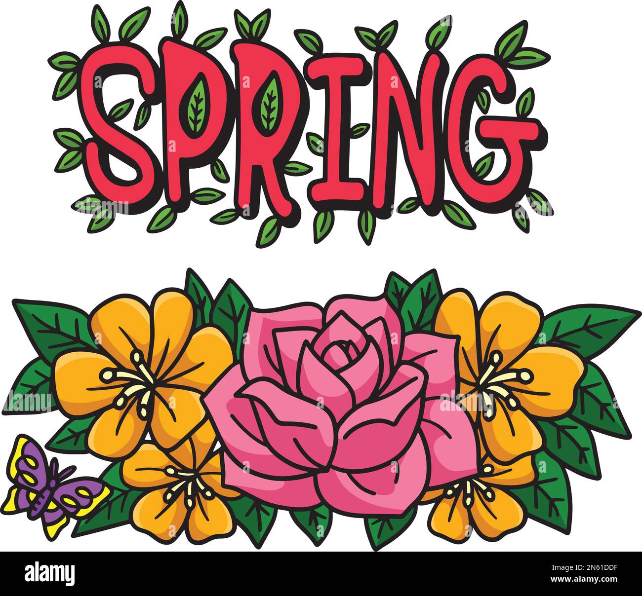 Spring Butterfly Flower Cartoon Colored Clipart Stock Vector Image ...