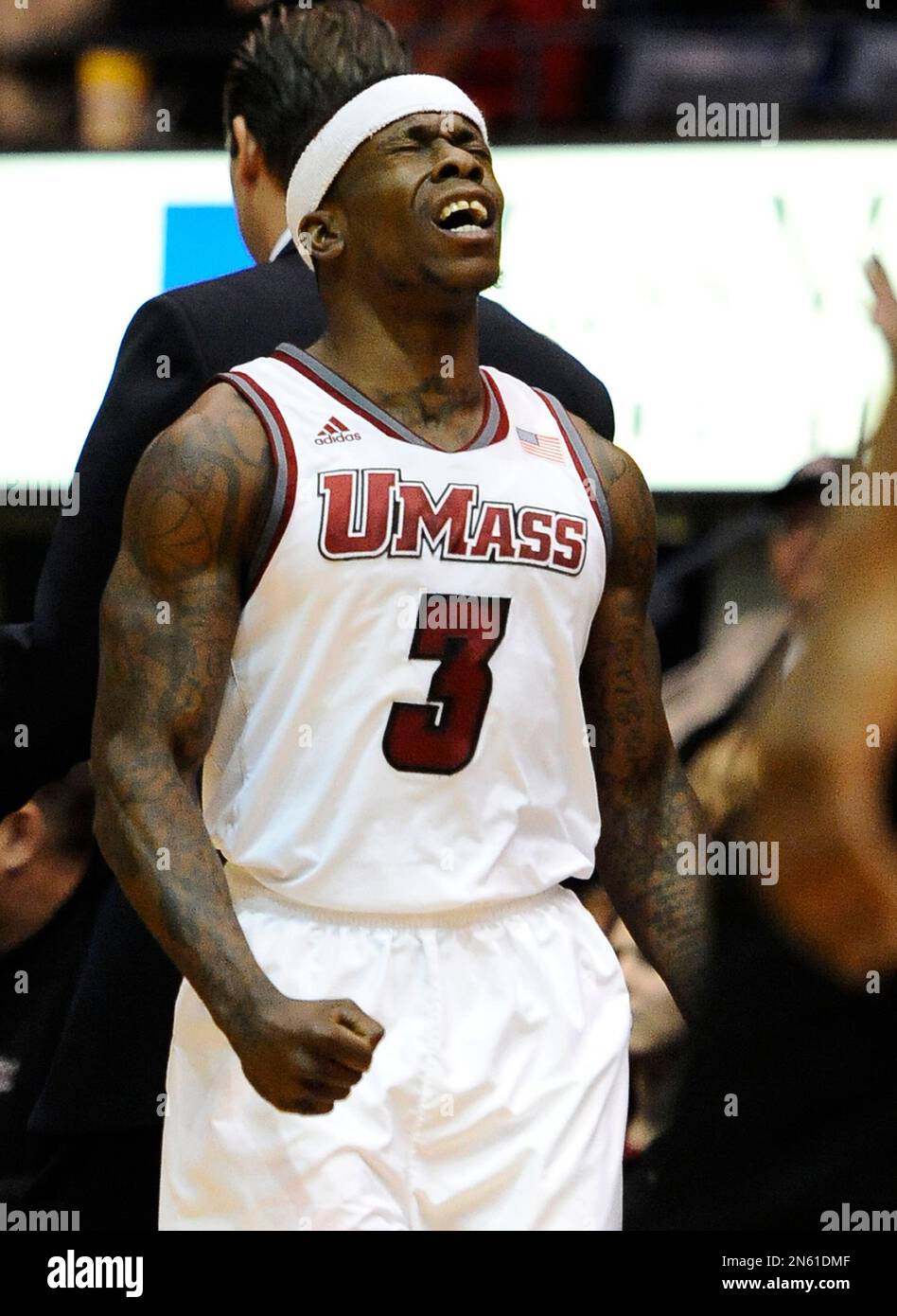 Massachusetts' Chaz Williams reacts during the first half of an NCAA ...