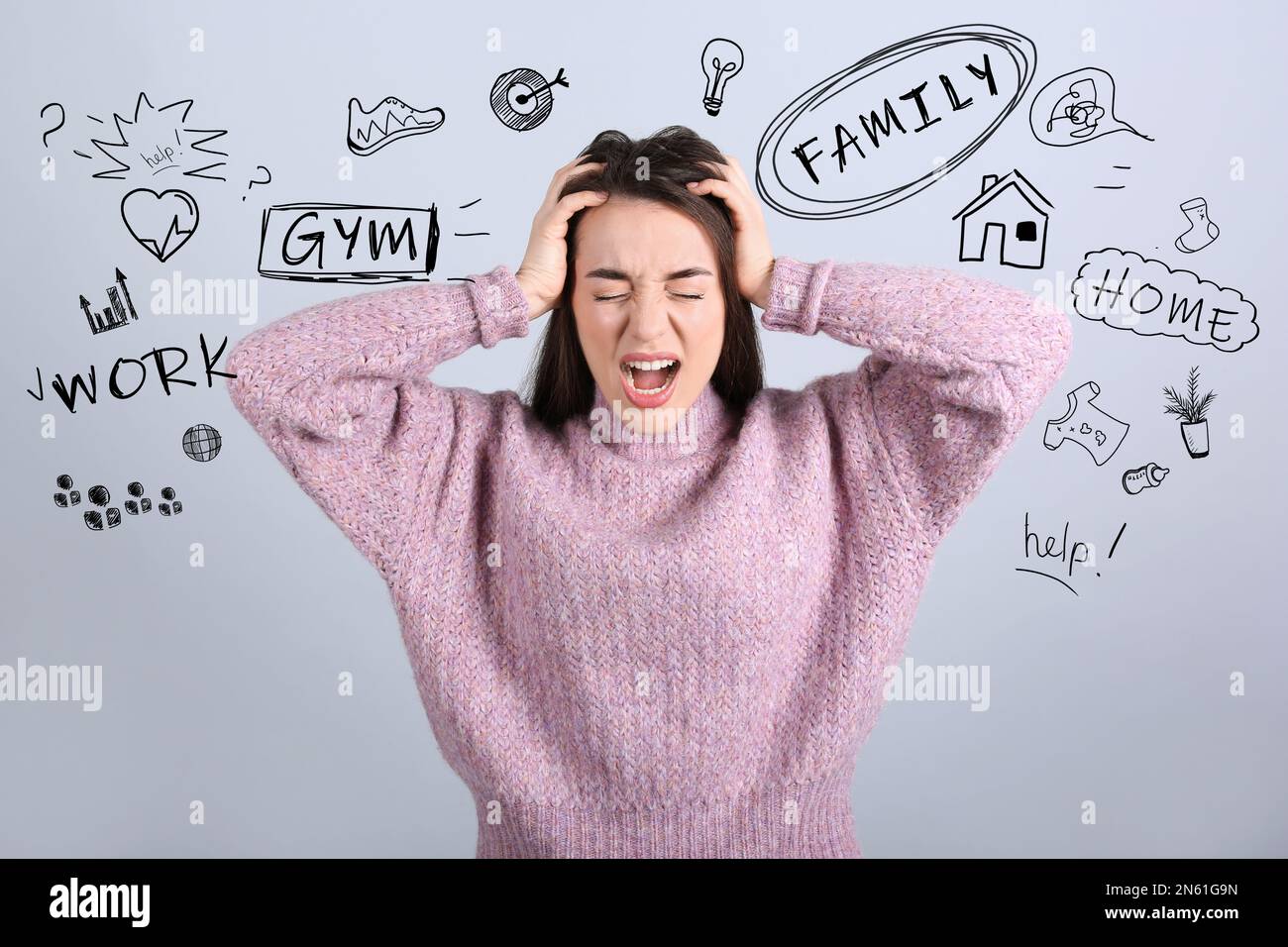 Stressed young woman, text and drawings on light grey background Stock ...