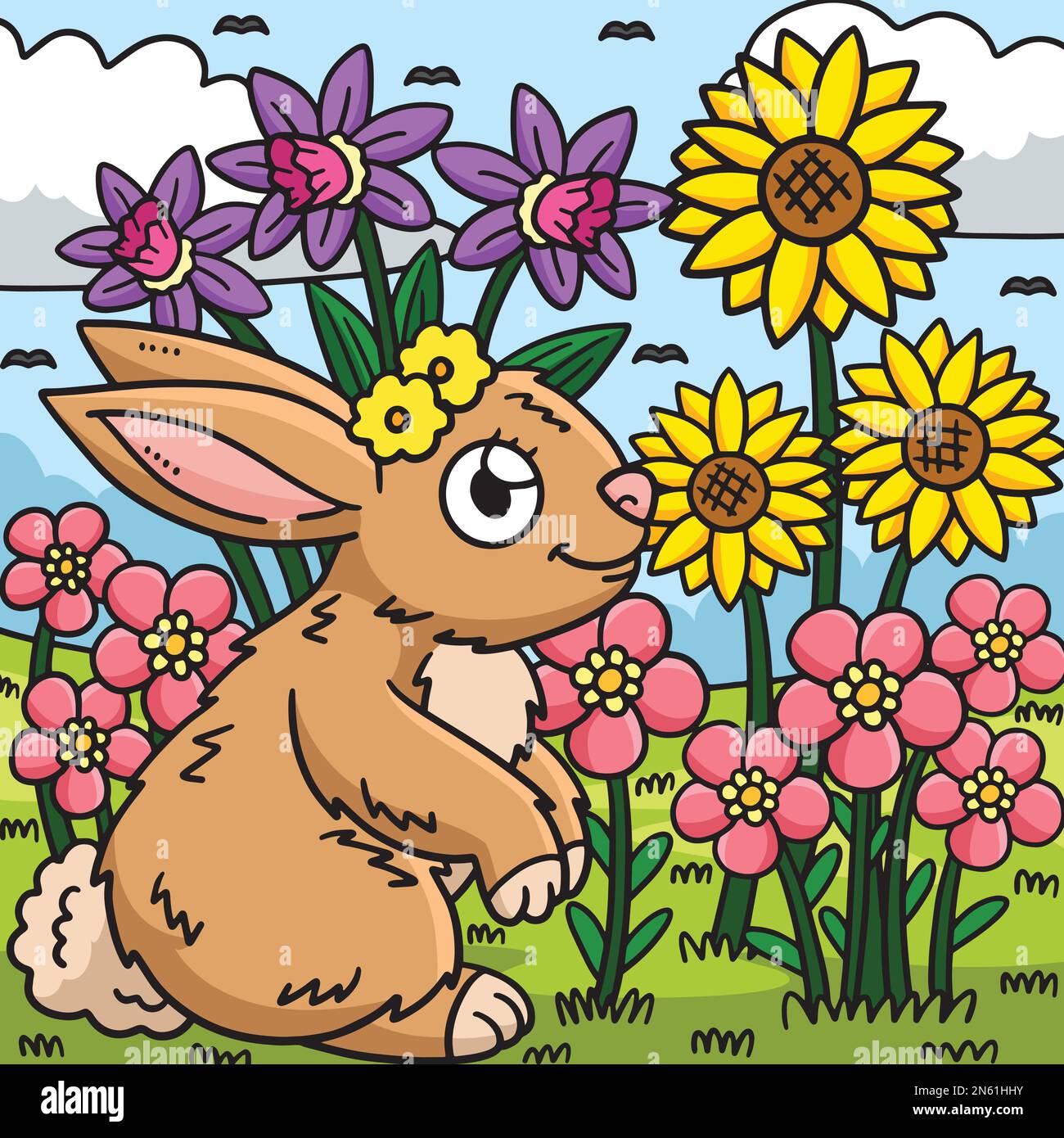 Spring Rabbit and Flowers Colored Illustration Stock Vector Image & Art ...