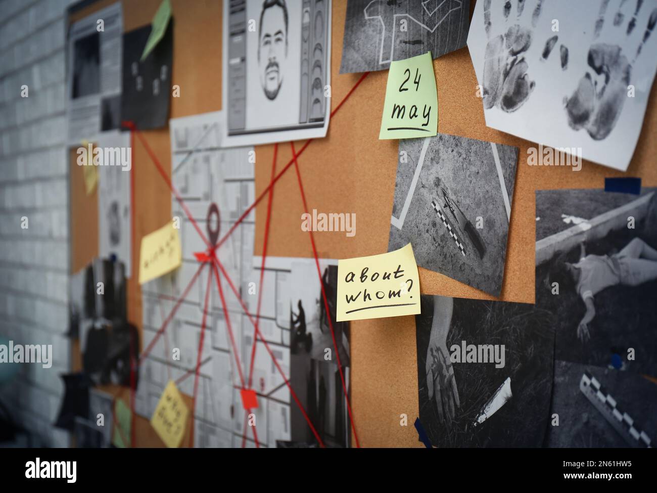 Detective board with stickers, crime scene photos and red threads ...