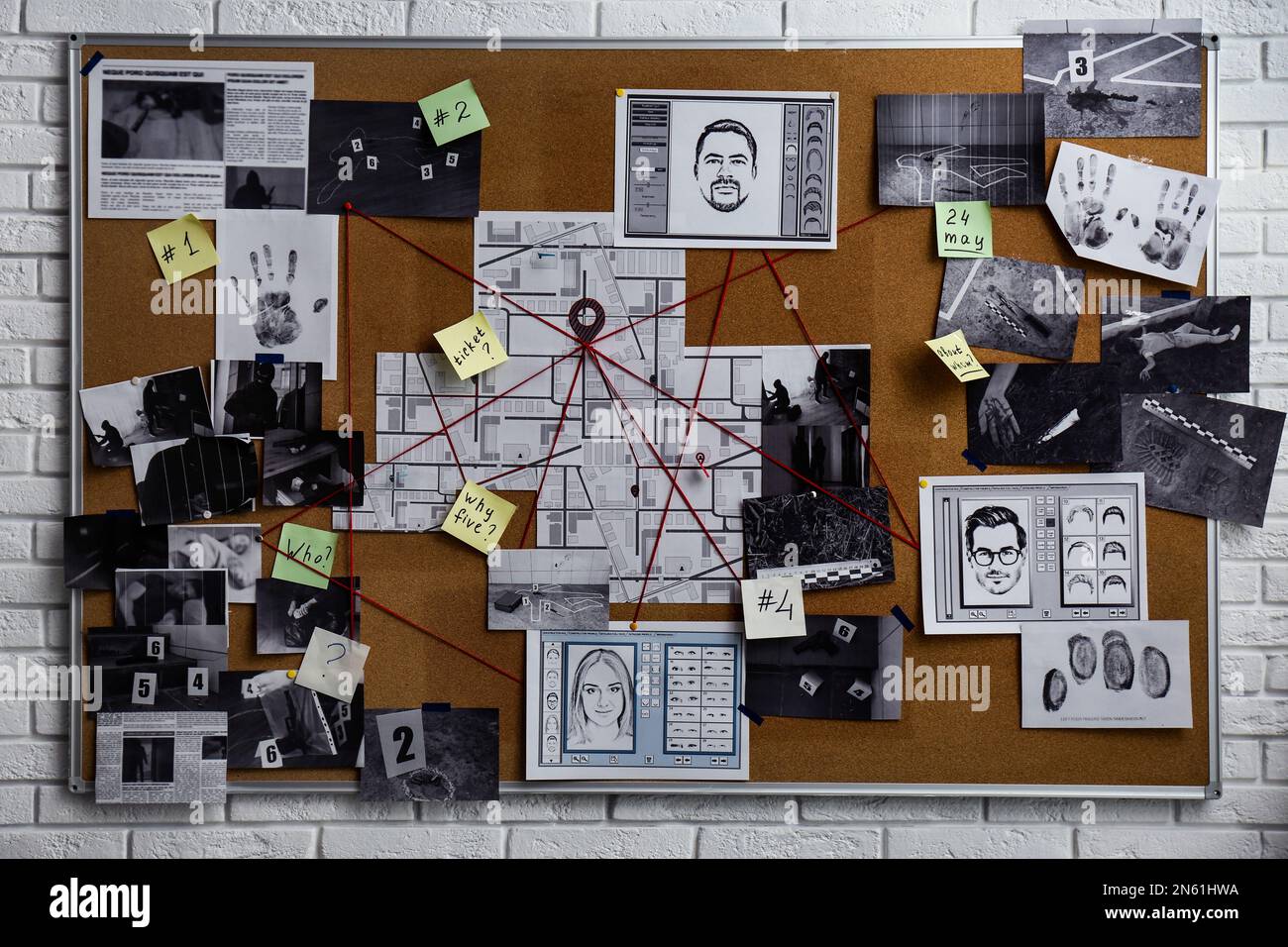 Detective board with fingerprints, photos, map and clues connected by ... Detective board with fingerprints, photos, map and clues connected by ...