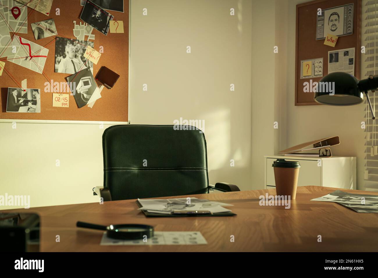 Detective workplace and evidence board in modern office Stock Photo - Alamy