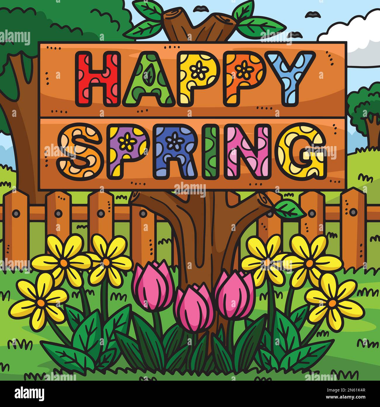 Happy Spring Banner Colored Cartoon Illustration Stock Vector Image ...
