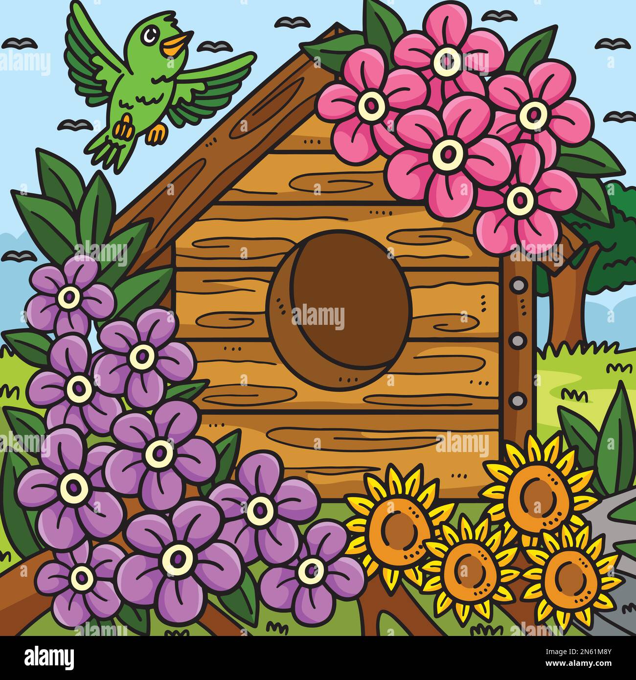 Spring Bird House With Flowers Colored Stock Vector Image & Art - Alamy
