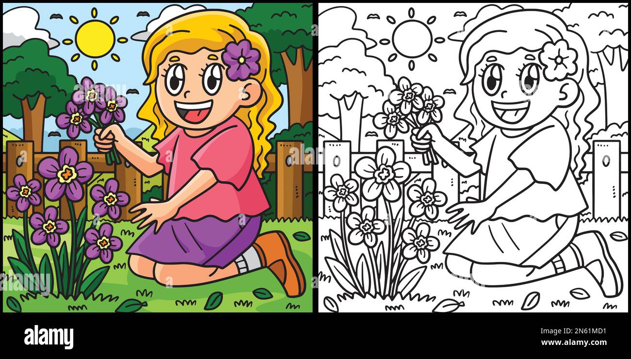 Spring Girl Picking Flowers Coloring Illustration Stock Vector Image ...