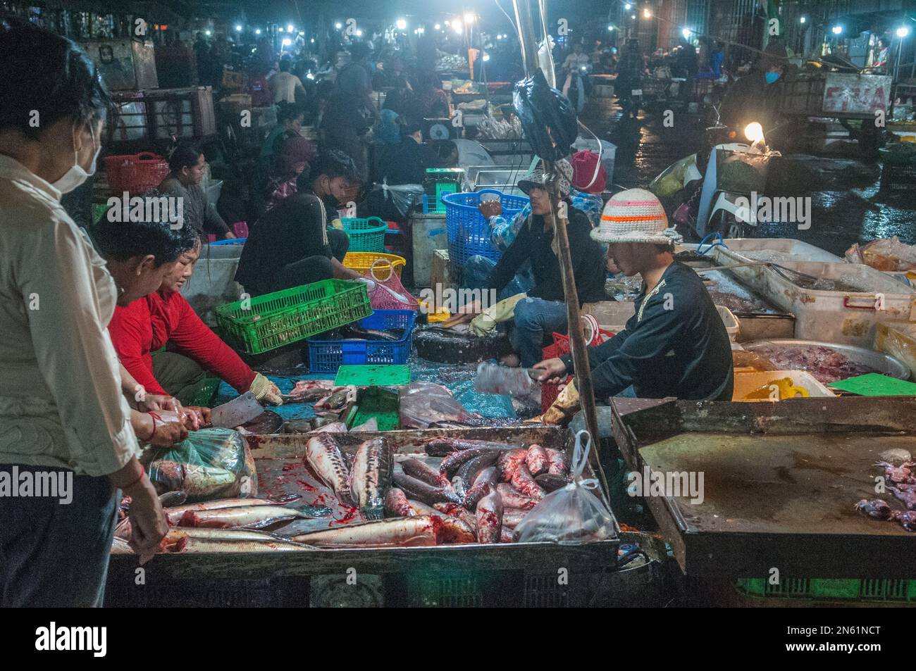 Cambodians cut & clean fish at the main wholesale vegetable & meat ...