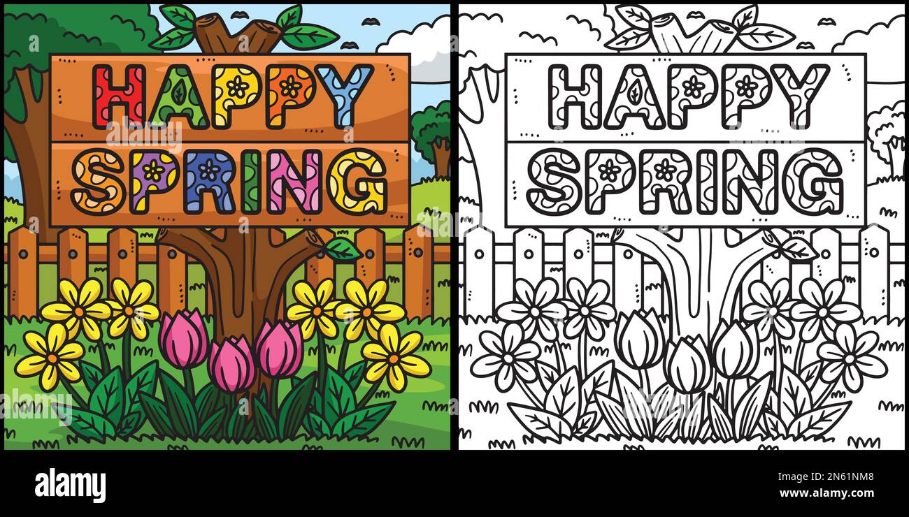Happy Spring Banner Coloring Page Illustration Stock Vector Image & Art ...