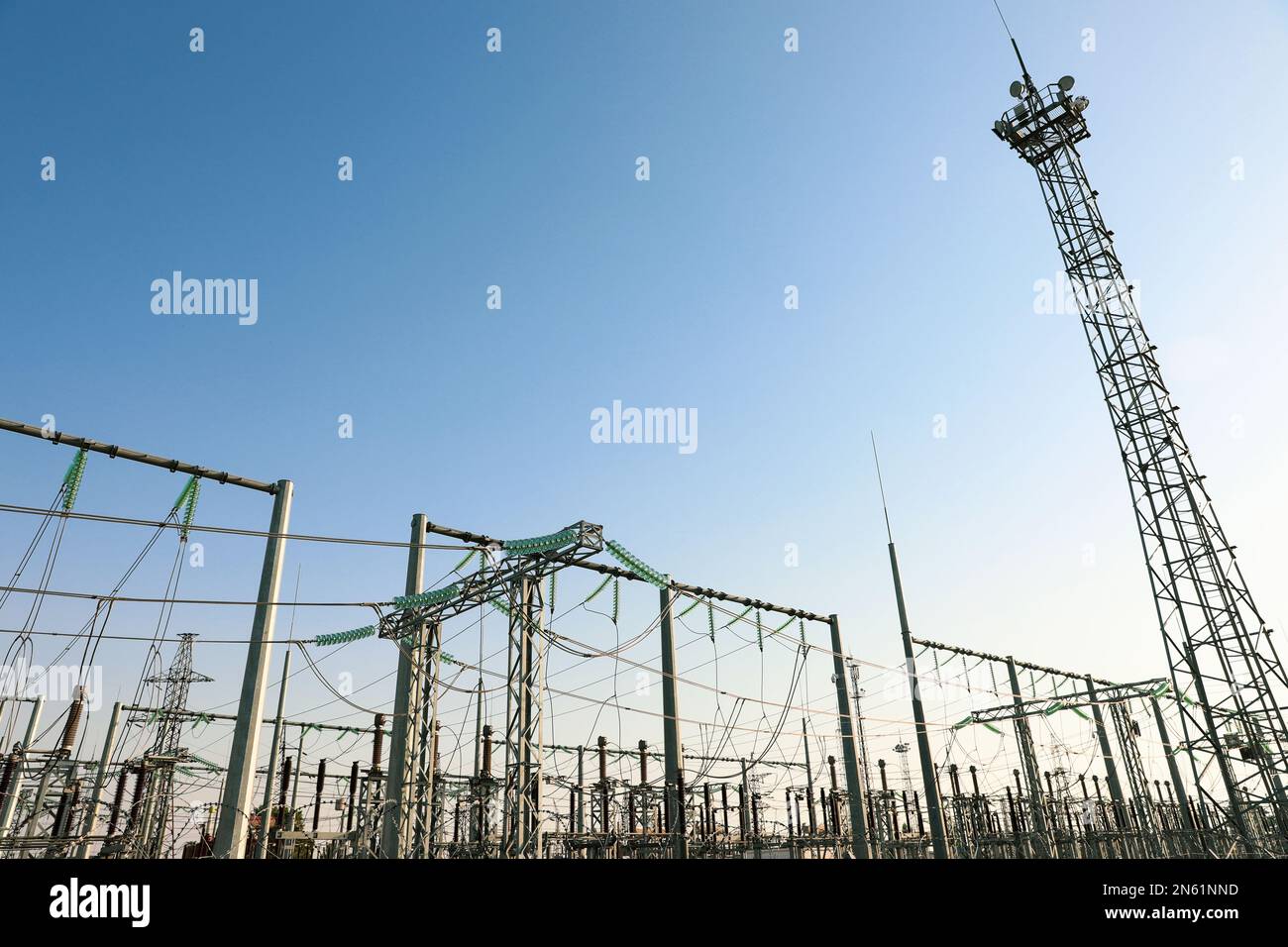 Modern electrical substation on sunny day, low angle view Stock Photo ...
