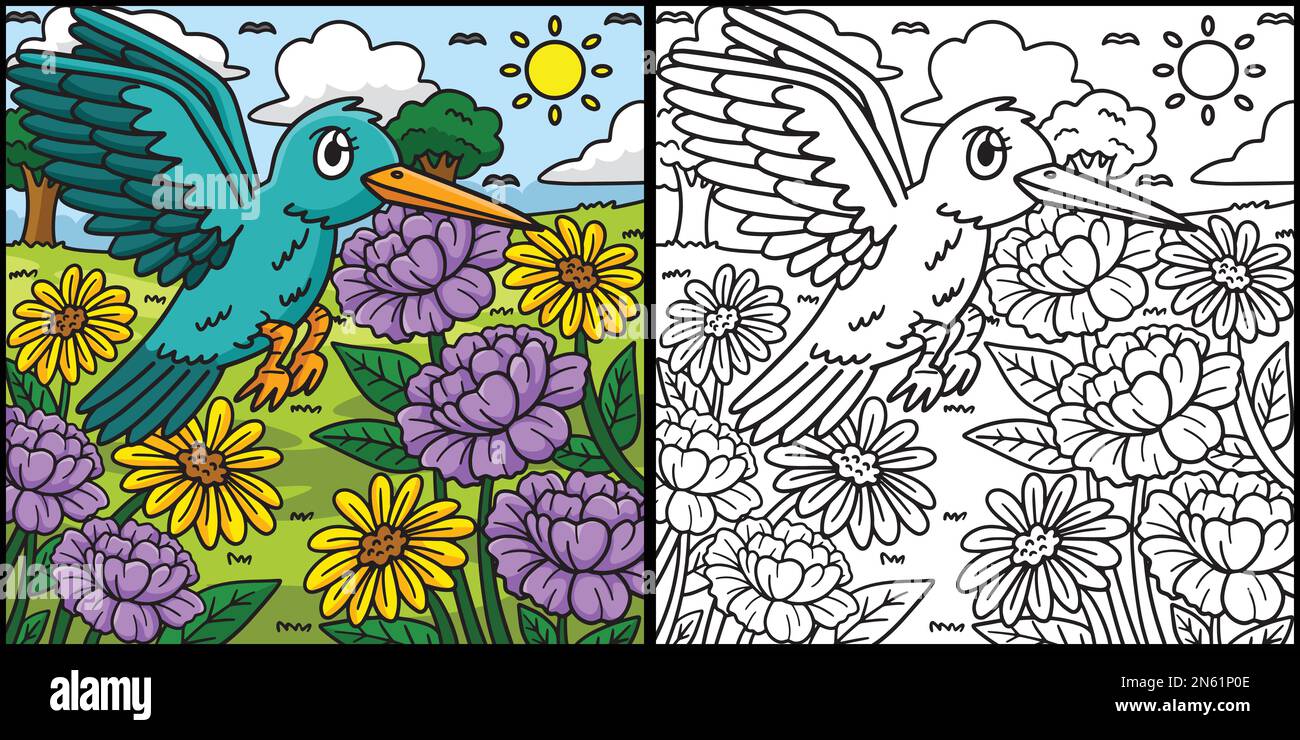 Spring Bird Over Flowers Coloring Illustration Stock Vector Image & Art ...