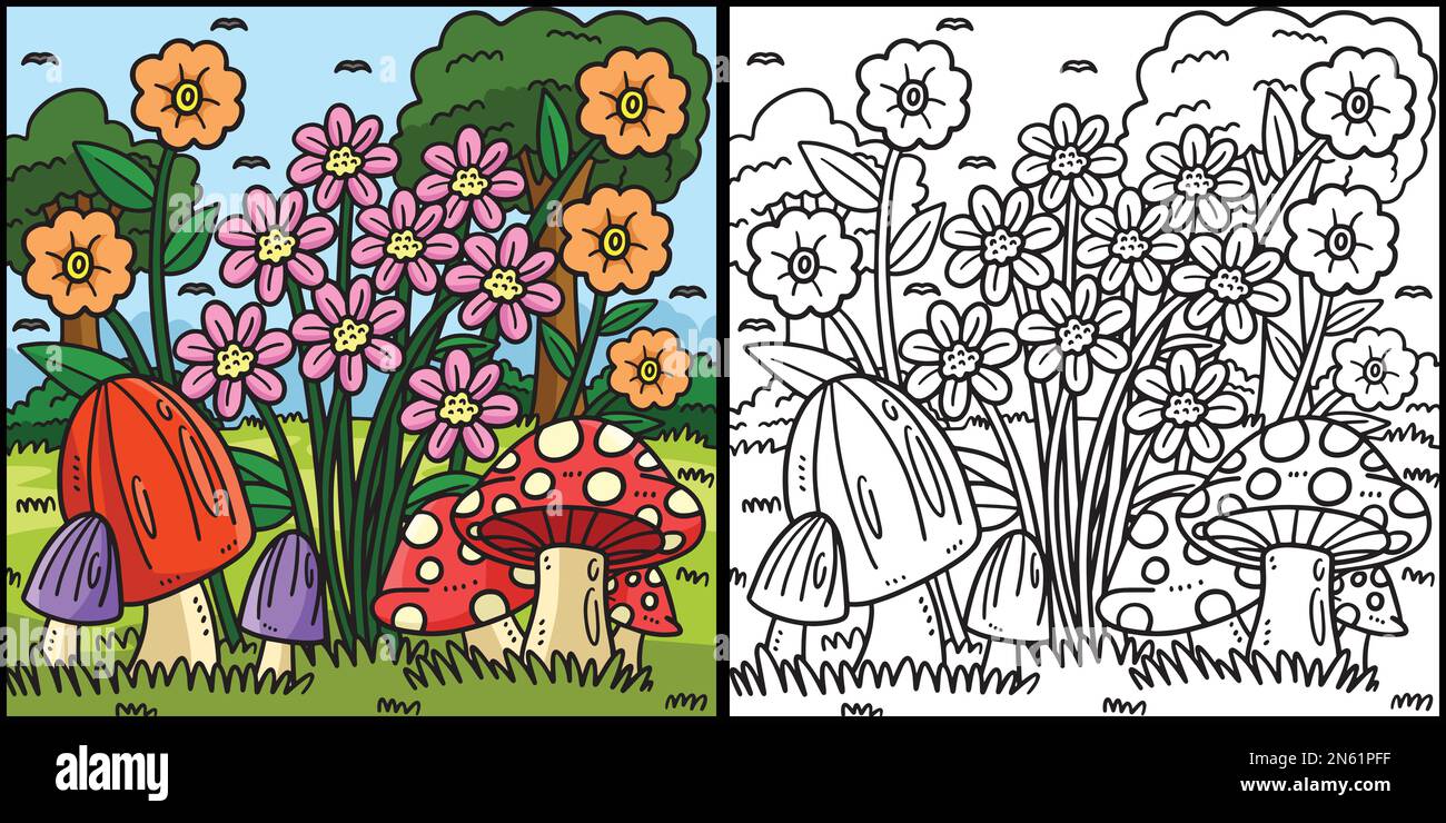 Spring Mushrooms and Flowers Coloring Illustration Stock Vector Image ...