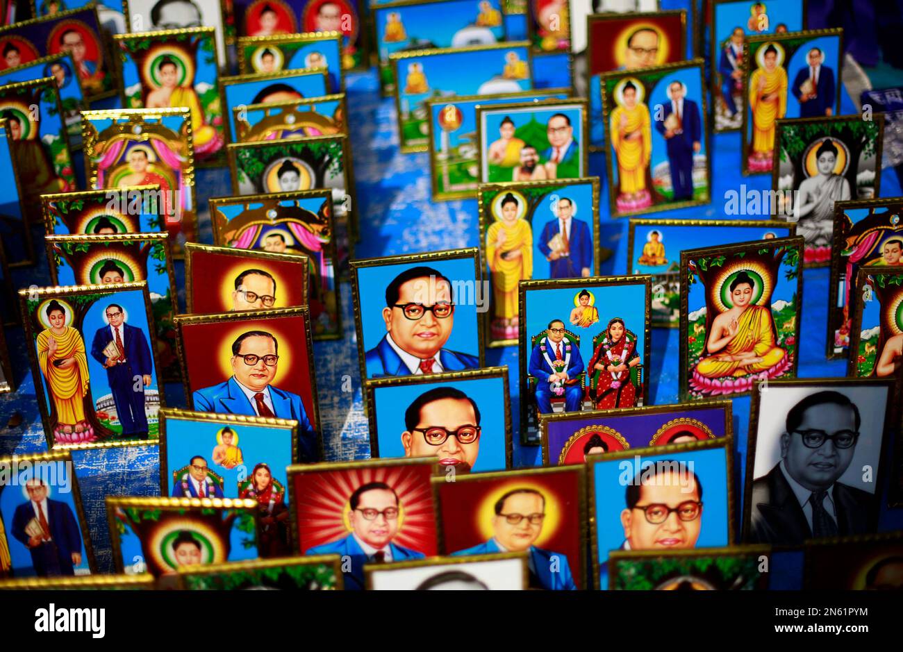 Portraits of Bhim Rao Ambedkar, wearing the glasses, are displayed for ...