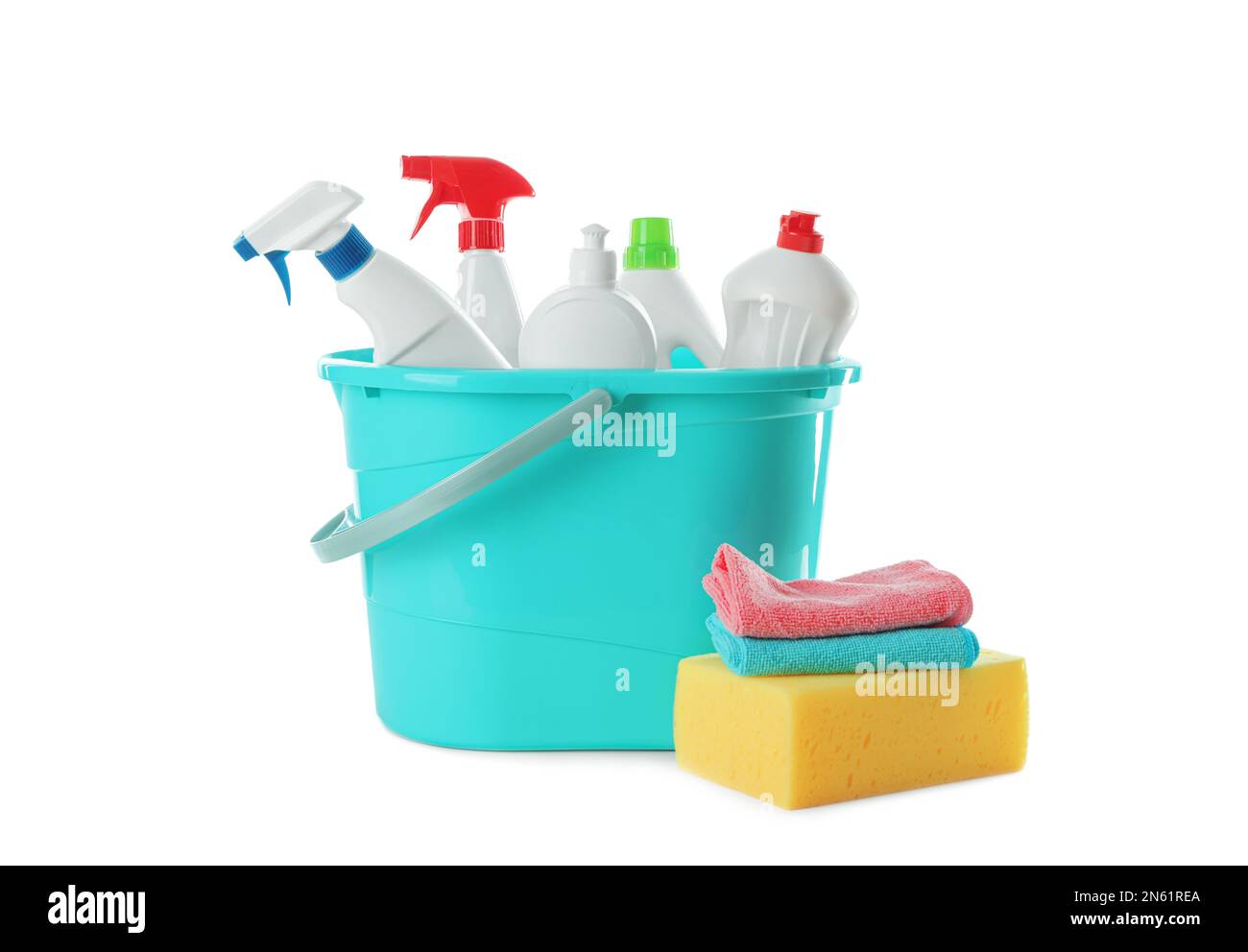 Plastic bucket and different cleaning supplies on white background ...