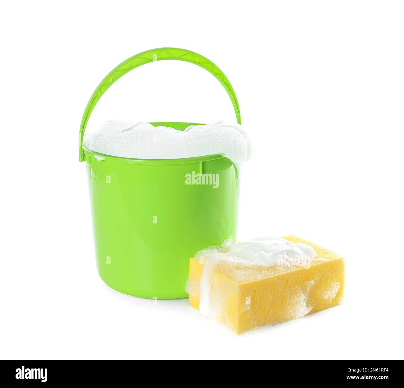 Plastic bucket with foam and sponge on white background. Cleaning ...