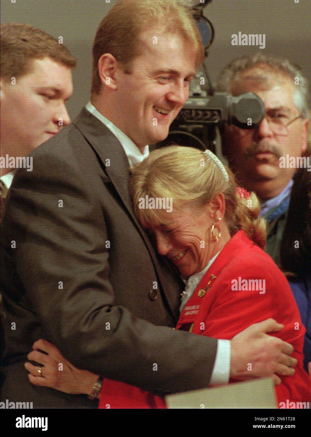 FILE- In this Nov. 5, 1996 file photo, Carolyn McCarthy gets a hug from ...