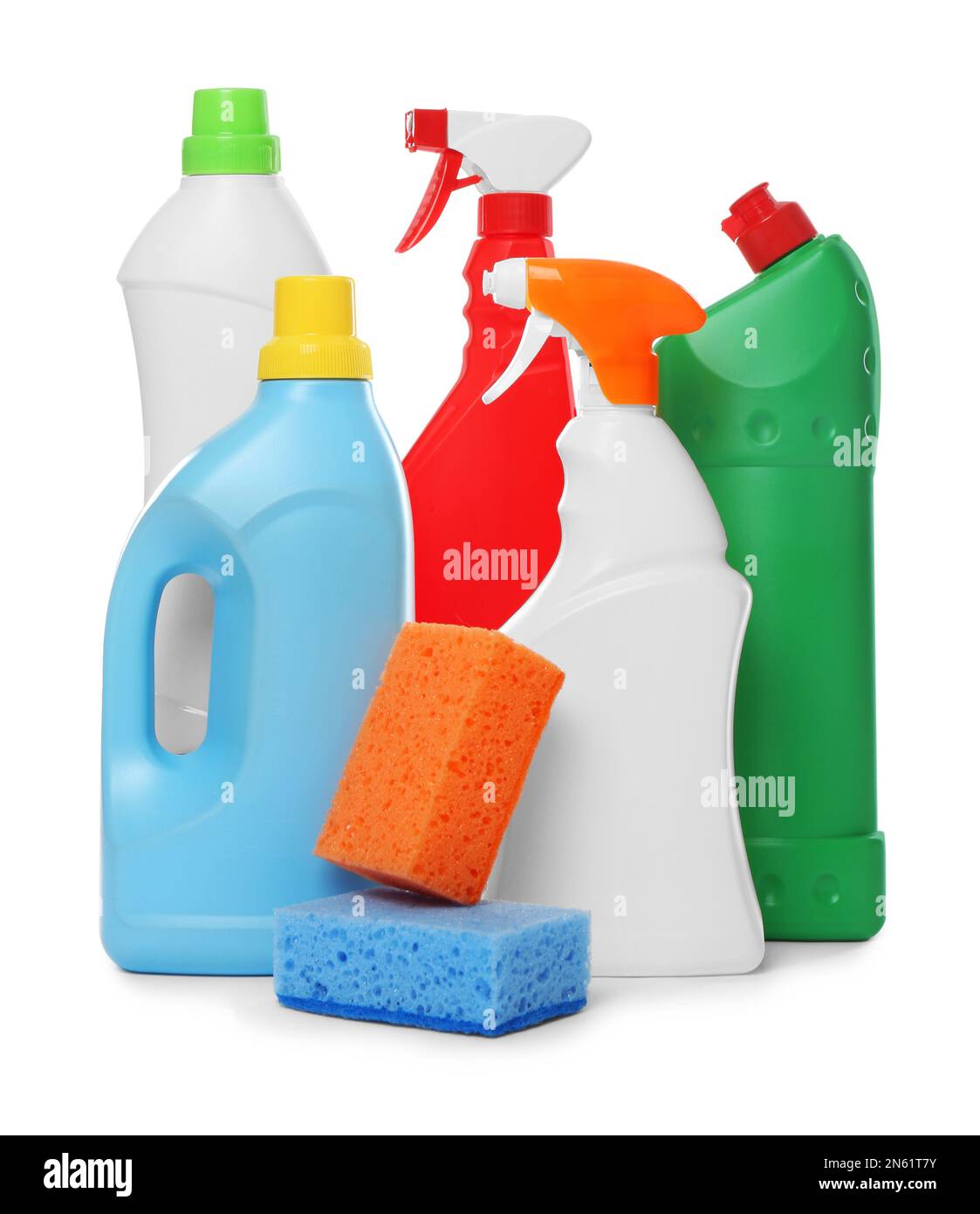 Different cleaning products and sponges on white background Stock Photo ...