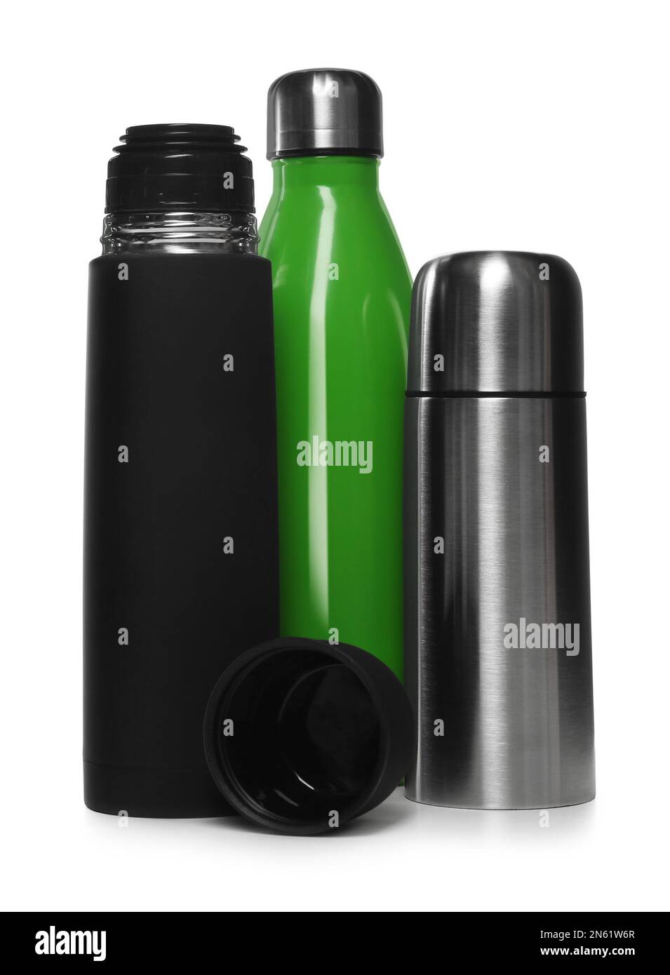 Different stylish thermo bottles isolated on white Stock Photo - Alamy