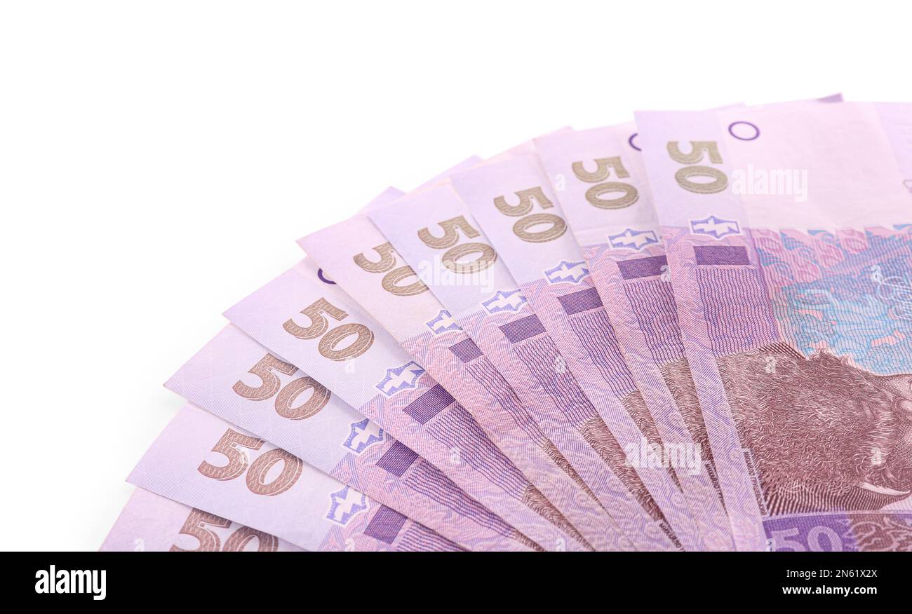50 Ukrainian Hryvnia banknotes on white background Stock Photo - Alamy