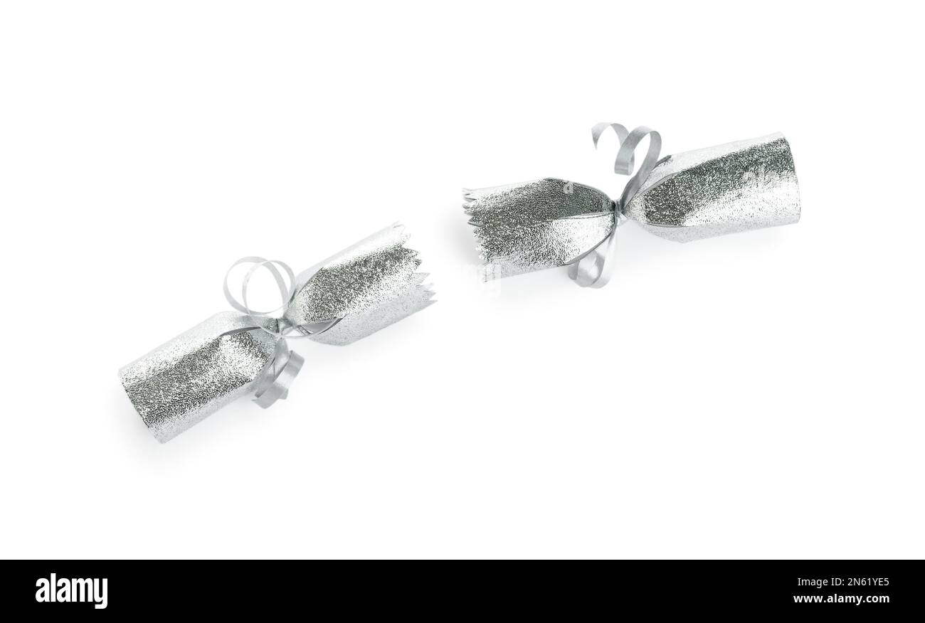 Open silver Christmas cracker isolated on white, top view Stock Photo ...