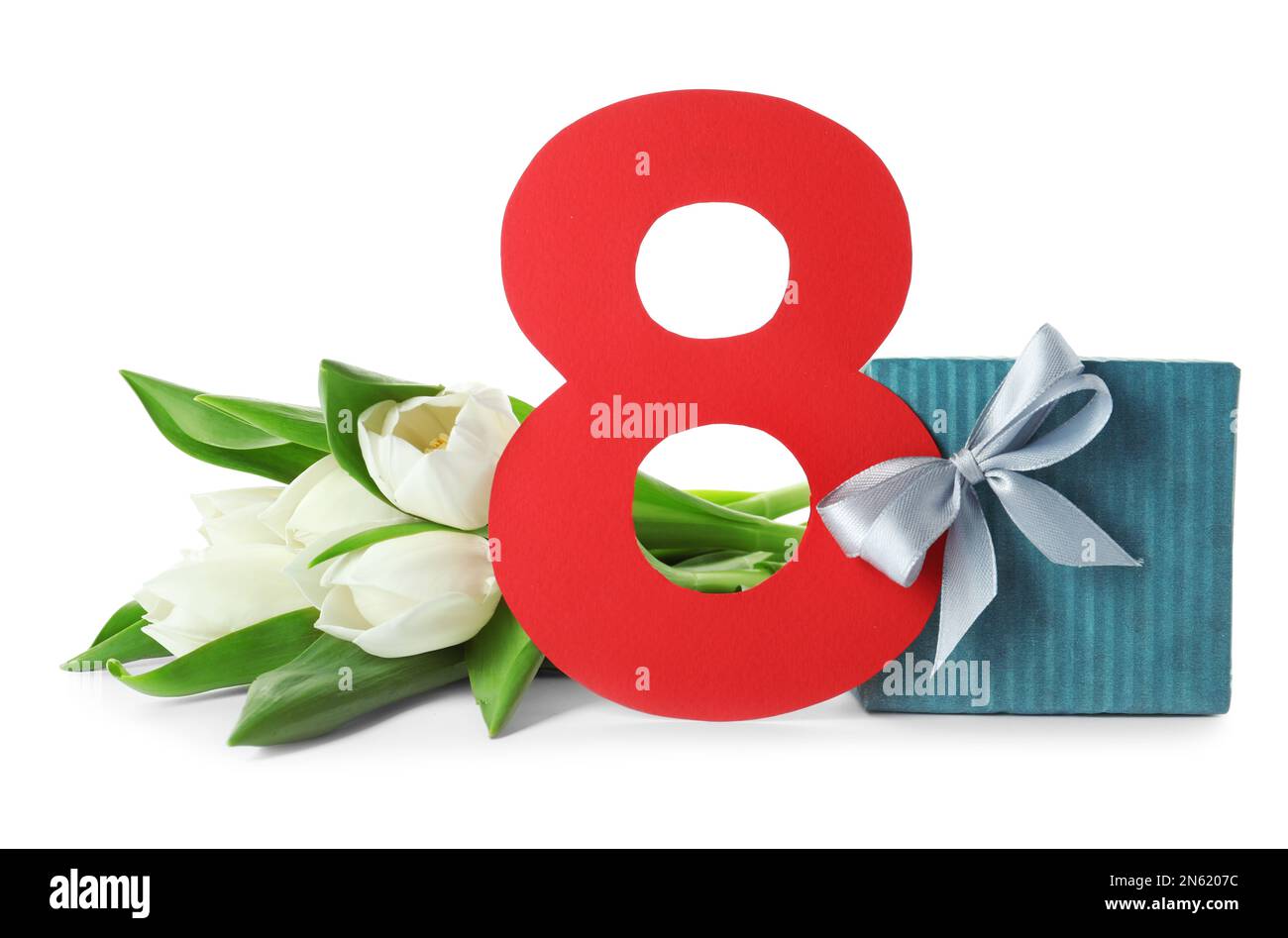 8 March card design with tulips and gift on white background ...