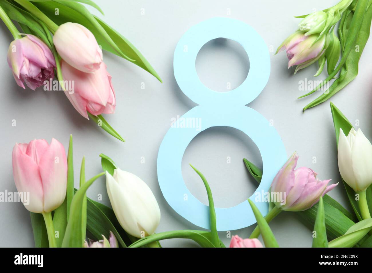 8 March card design with tulips on light grey background, flat lay ...