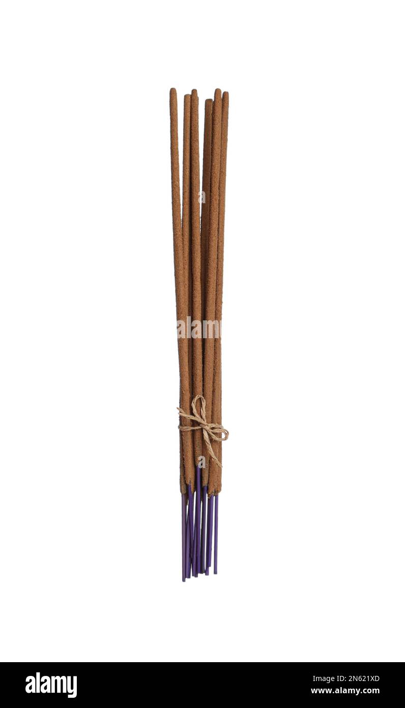Many aromatic incense sticks tied with twine on white background Stock ...